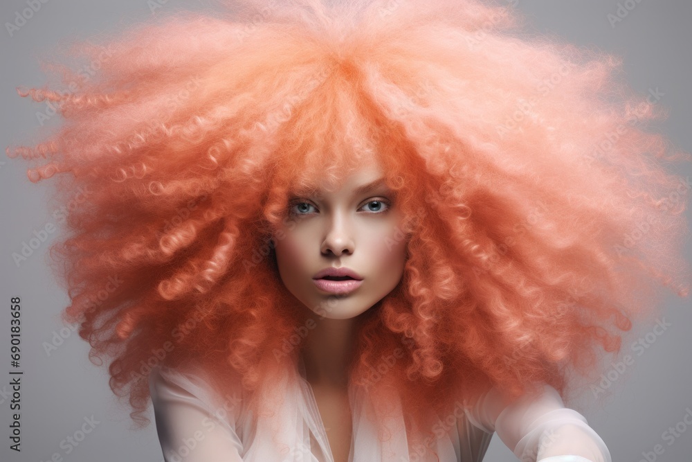 Woman in peach fuzz afro hair in the style of rococo pastel colors ...