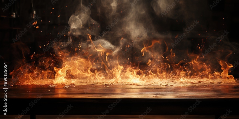 wooden table with Fire burning at the edge of the table, fire particles ...