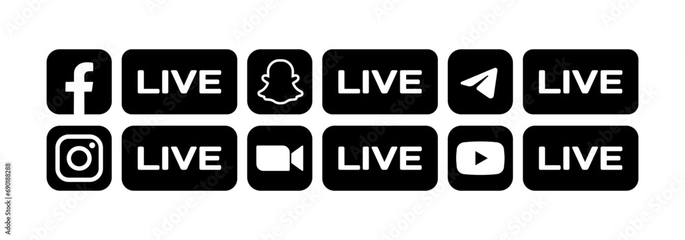 Social media live button logos. Facebook, Snapchat, Telegram, Instagram ...
