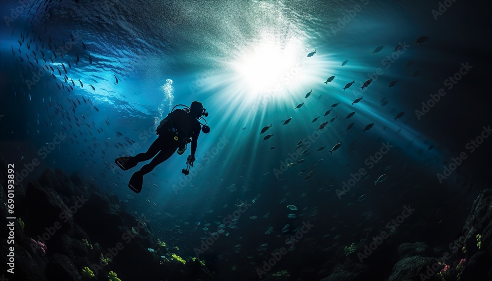 person scuba diver swimming underwater, man diving in deep blue sea or ...