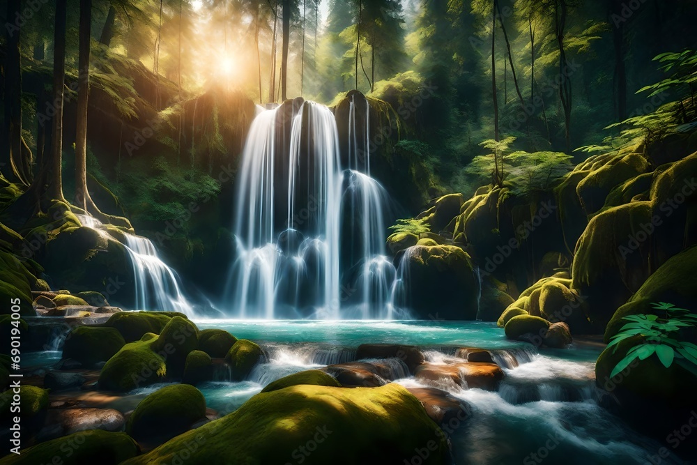 beautiful 3d nature and landscape wallpaper of a waterfall in a forest with sun ray Stock Photo ...