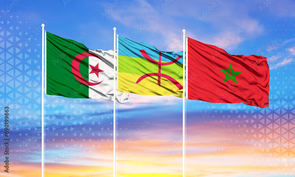 flags of morocco, algeria and Berber on flagpoles and blue sky. Stock ...