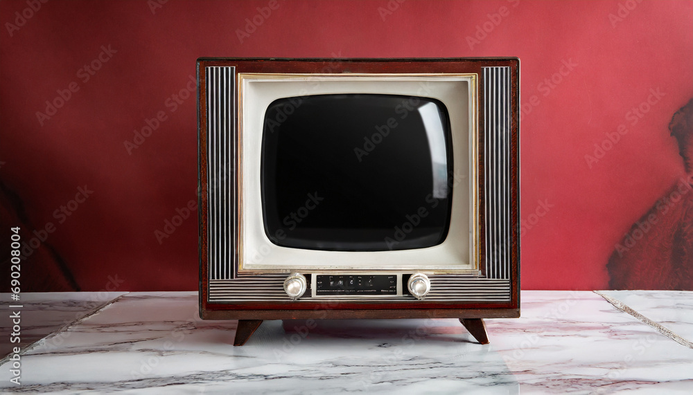 Foto de Classic retro 1950s TV set with black screen, red wall and ...