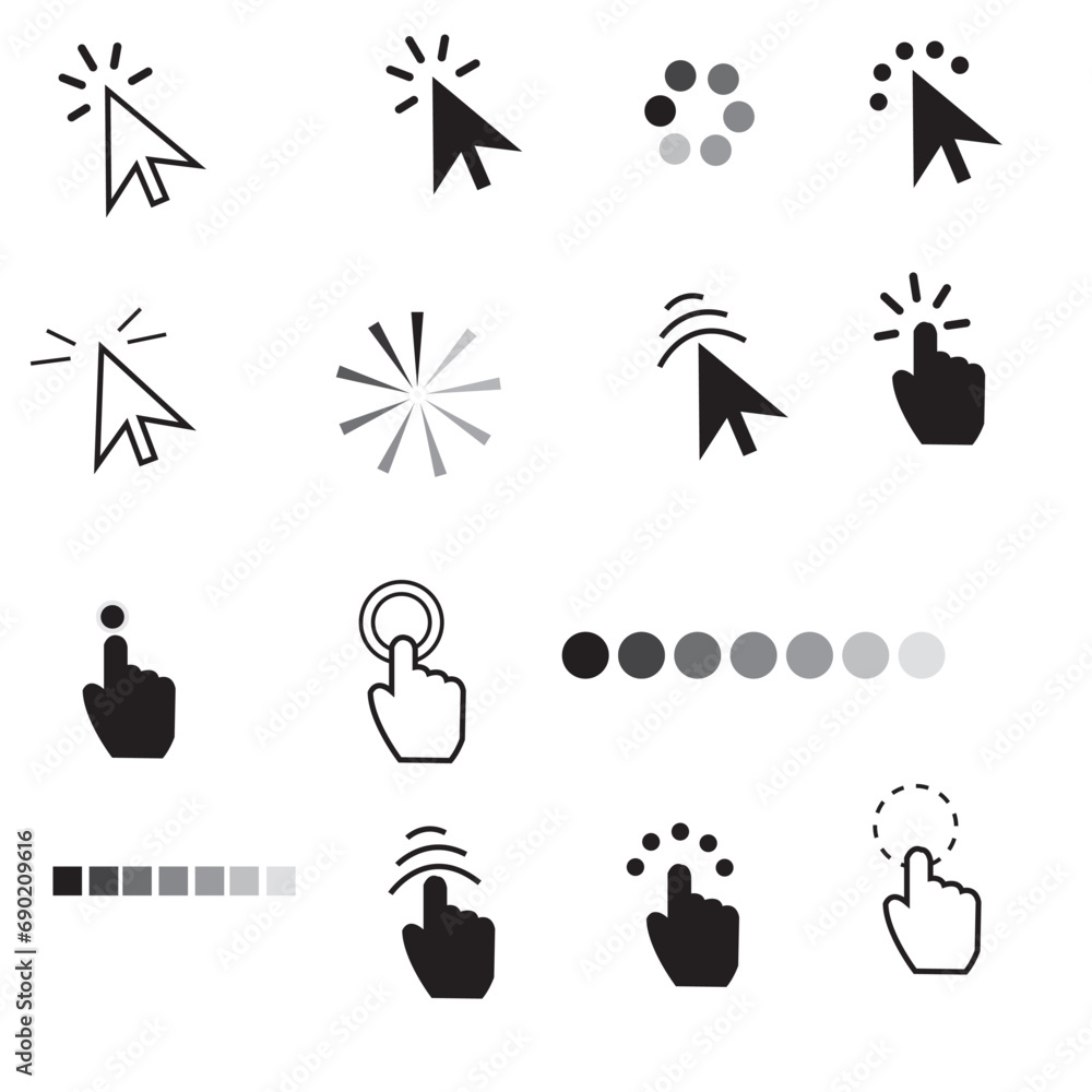 Pointer cursor сomputer mouse icon. Clicking cursor and pointing hand ...