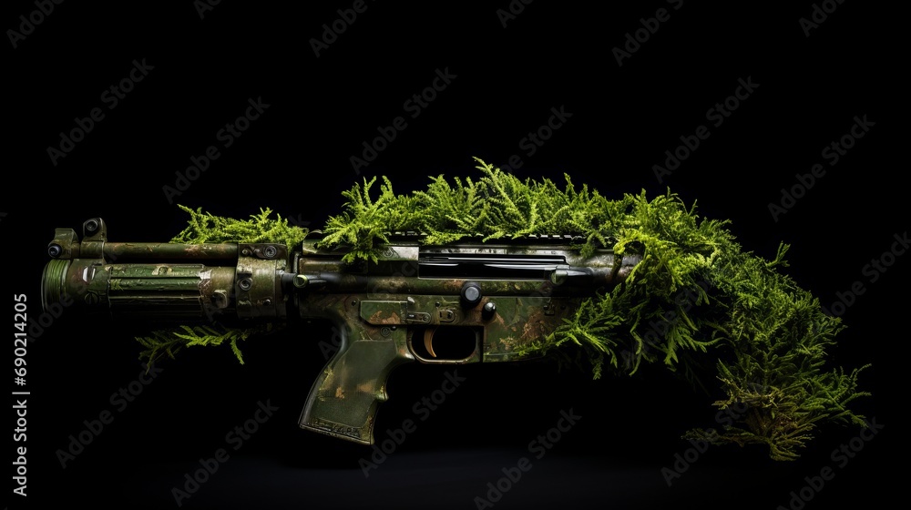 Military machine gun. The weapon is covered with moss and grass. A ...