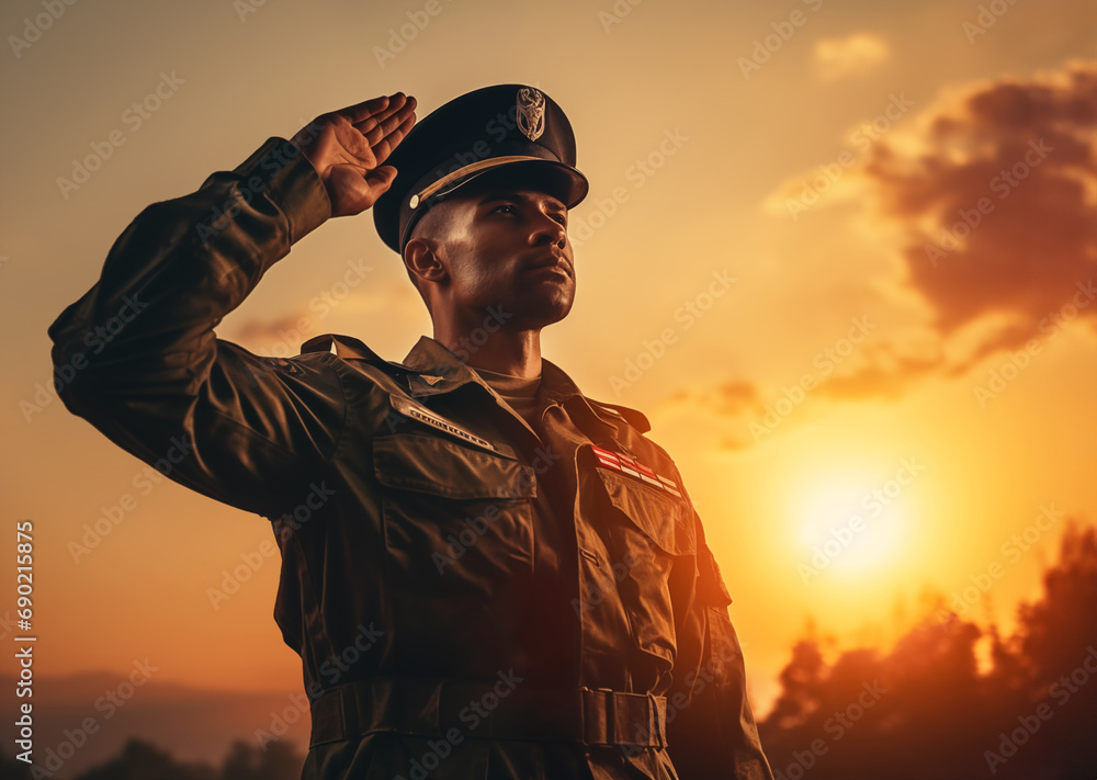 Young African Americanmale soldier in military uniform saluting at ...