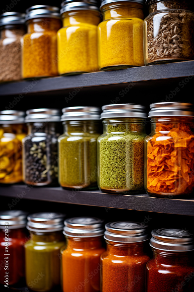 Rows of glass jars full of various spices. Kitchen shelves with a ...