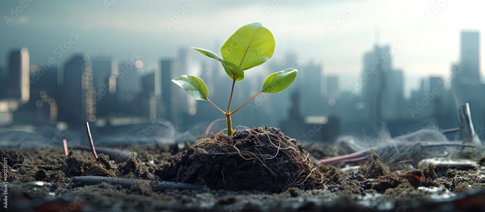 Green plant growing on dry cracked earth surrounded by waste of plastic ...