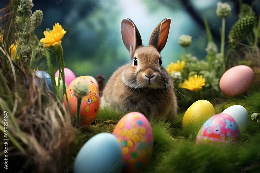 Osterhase und bunte Ostereier im Gras, Ostern, erstellt mit generativer ...