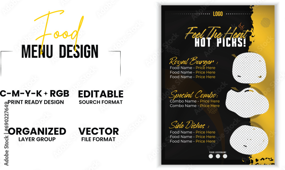 Professional food menu design in black & yellow Stock Vector | Adobe Stock