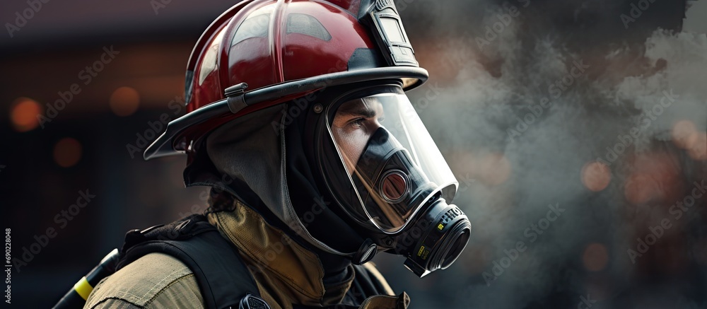 Professional firefighter makes precise adjustments to the mask ensuring ...