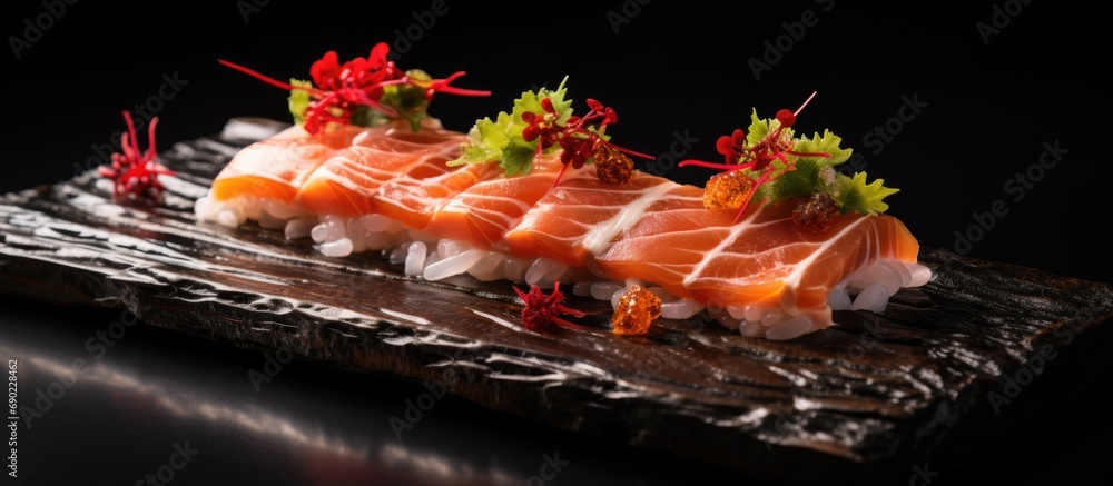 Japanese Omakase meal Chutoro Sushi Medium Fatty Bluefin Tuna served by hand with pickled ginger ...