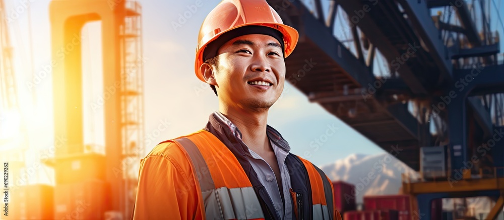 Happy Asian dock control working with smile around Shipping container ...