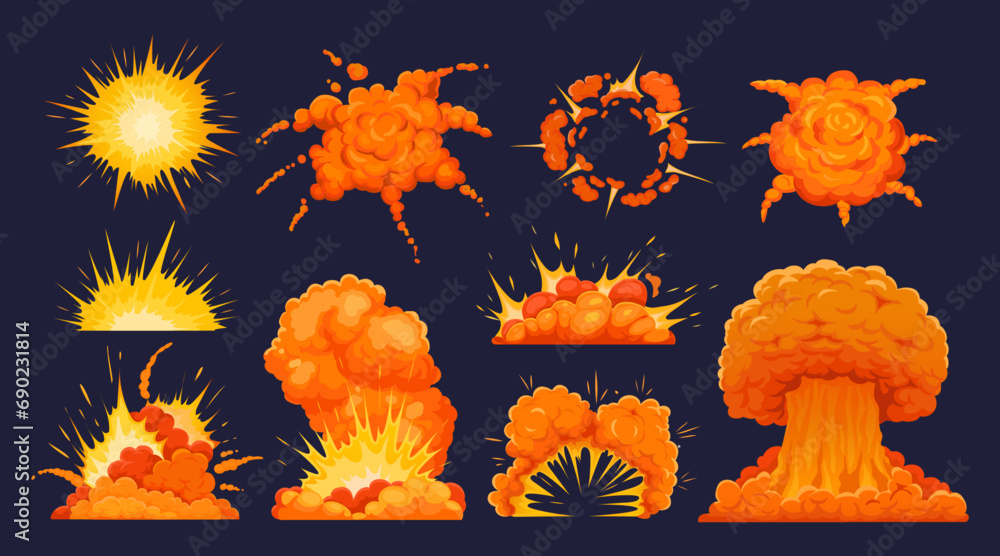 Bomb explosion. Cartoon dynamite explosions effect, fire and explosive ...