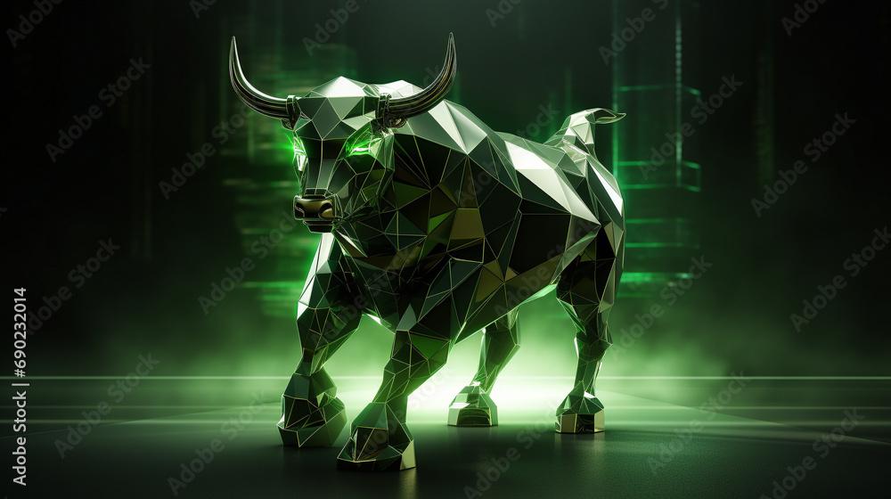 Abstract digital artwork of bullish bull in polygonal form glowing in ...