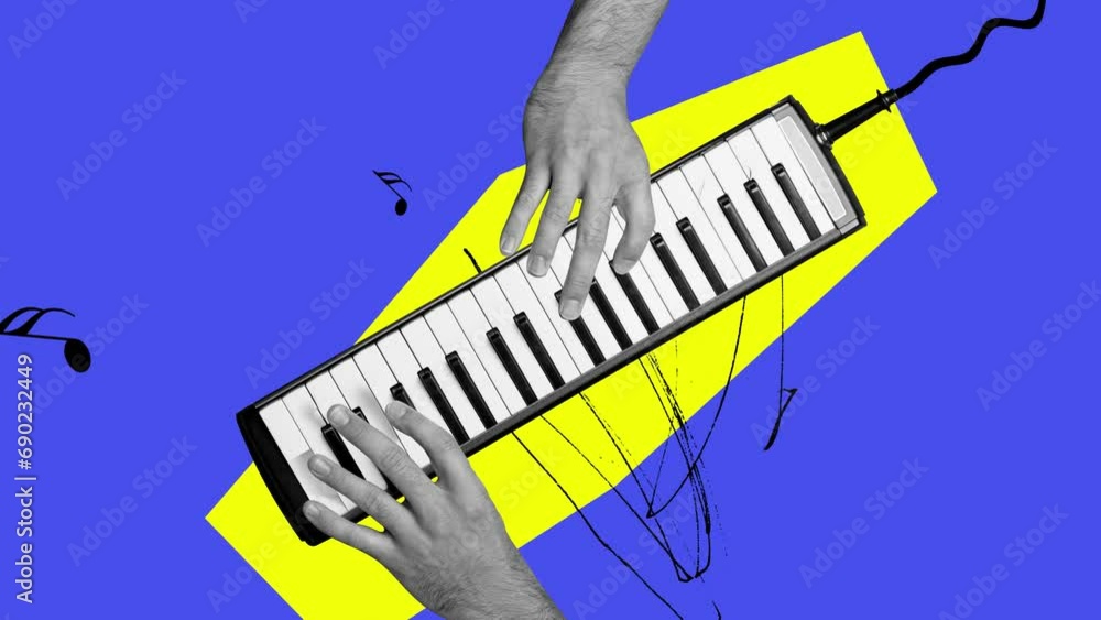 Vidéo Stock Human hands paying piano against blue yellow background ...