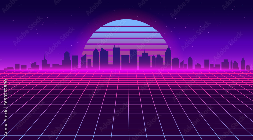 Futuristic city landscape. Retro 80s grid background with skyscrapers ...