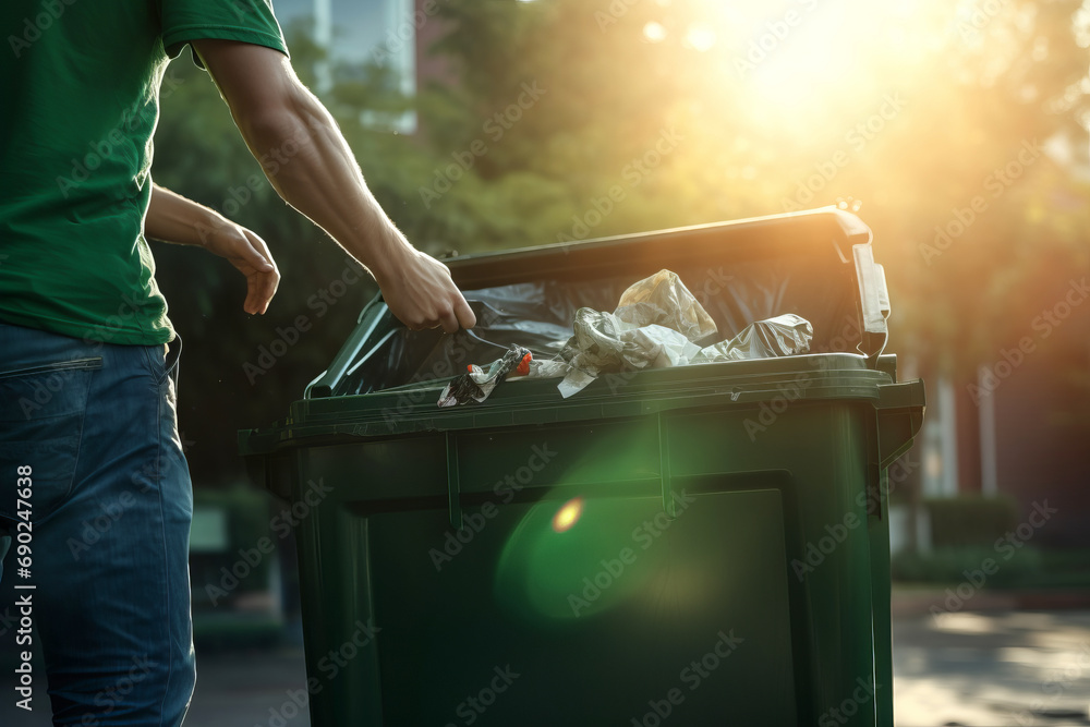 Man throwing garbage in trash bin outdoors, closeup. Recycling concept ...