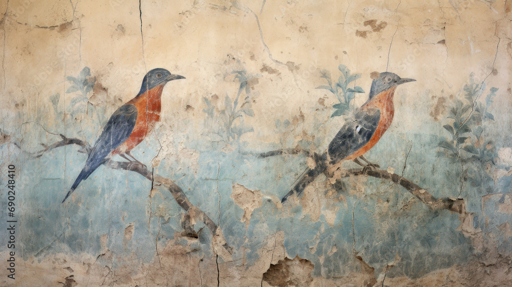 Ancient cracked painting of birds, damaged fresco of animals on old ...