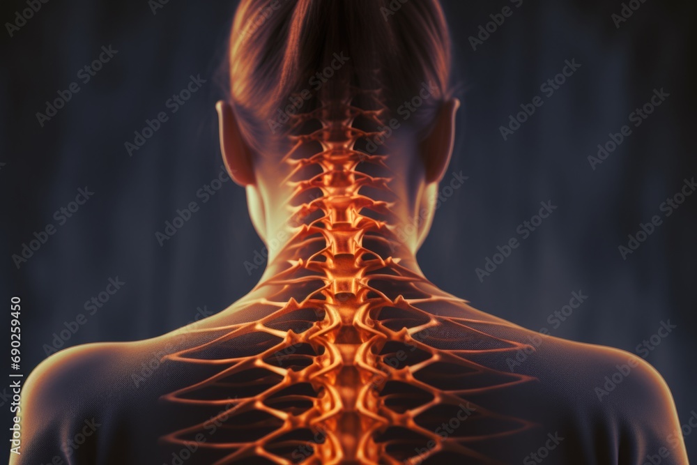 A close-up view of the back of a woman's neck with a highlighted spine ...