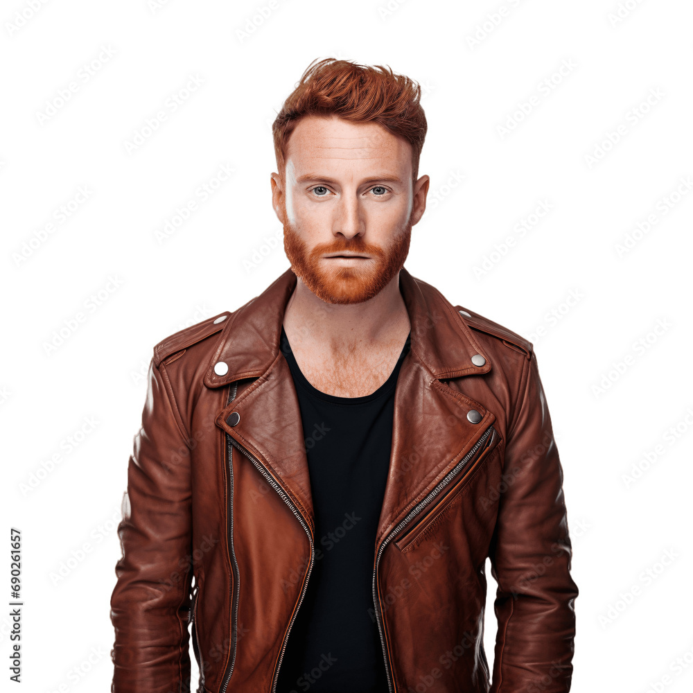 Badass Style: Handsome Ginger Man in Brown Leather Jacket, Isolated on ...
