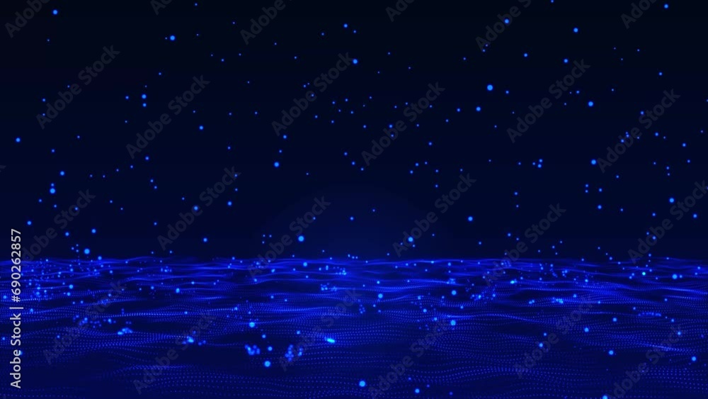 Abstract Hi-Tech bouncing blue particles background. Blue sphere particles are falling, bouncing ...