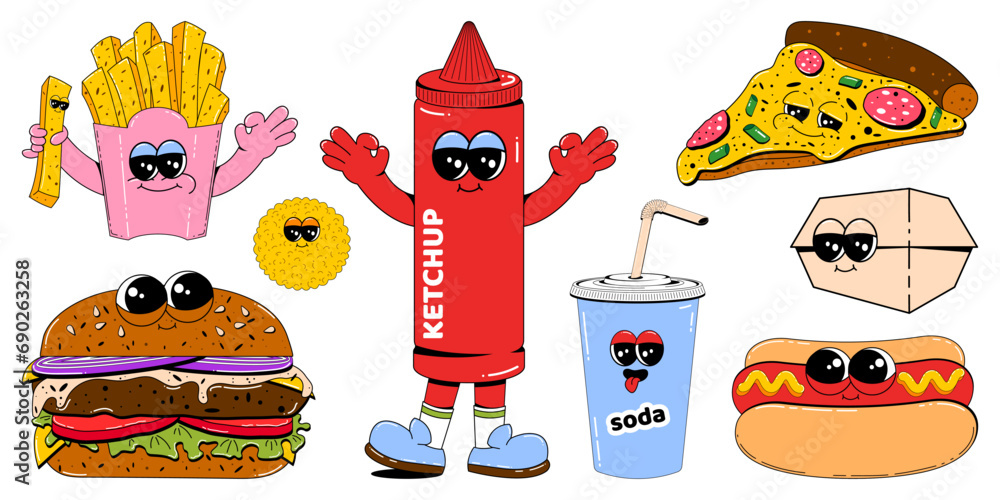 Colorful set of fast food characters in retro cartoon style. Vector ...