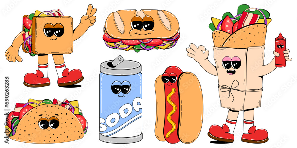Colorful set of fast food characters in retro cartoon style. Vector ...