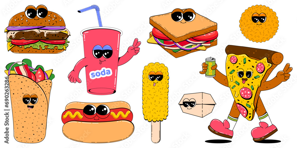 Colorful set of fast food characters in retro cartoon style. Vector ...