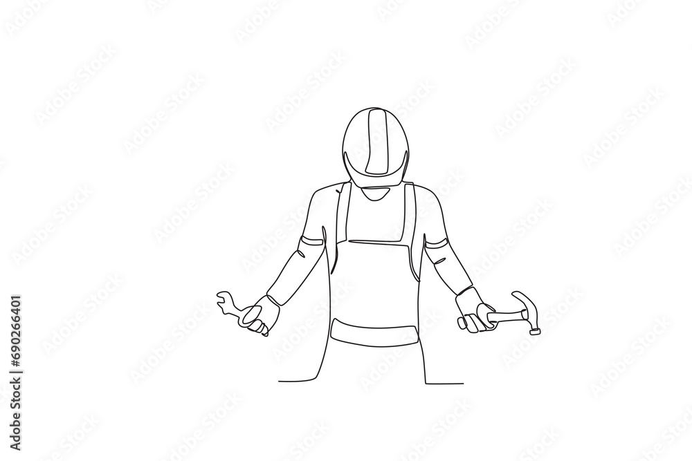One line drawing of Labor worker with wrench and hammer. Great team ...