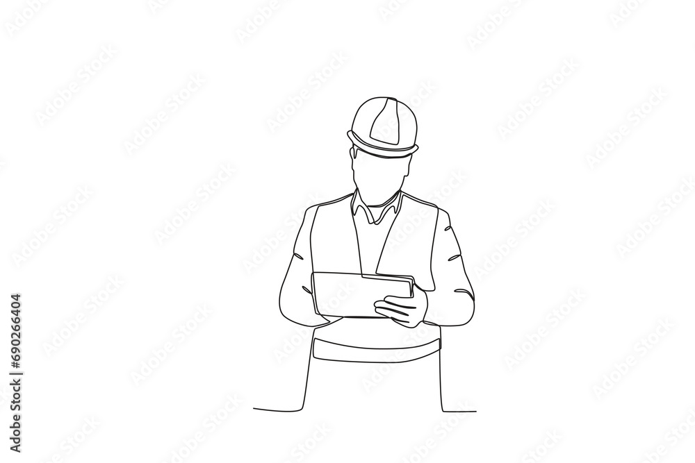 One line drawing of The foreman is checking the data on the ipad. Great ...