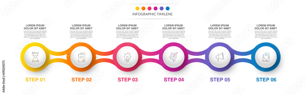 Timeline vector infographic design with six icons and circles. Circular infographics for ...