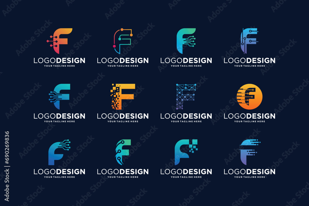 Collection of letter F logo design with digital connection concept ...