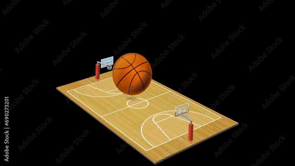 Looped animation of a basketball bouncing on the wooden floor of a 3D ...