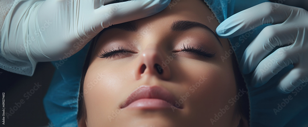 Cosmetic surgery, beauty, Surgeon or beautician touching woman face ...