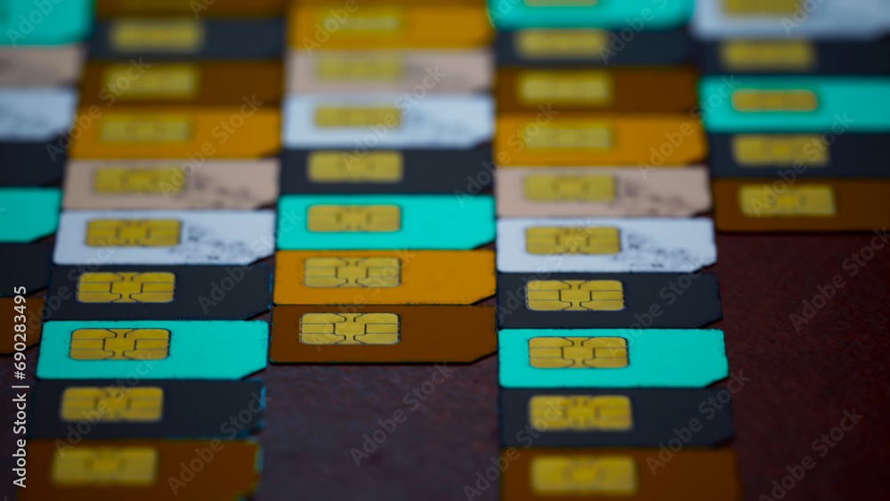 3d illustration of many small sim card in grid on the floor. Many cards ...