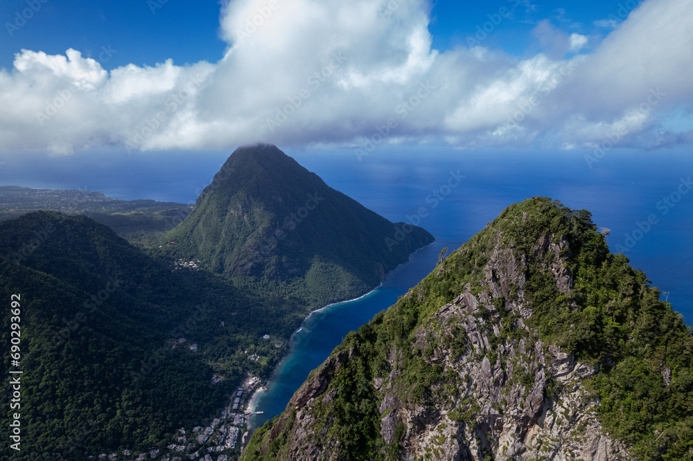 Aerial of Gros Piton and Petit Piton on St. Lucia. Shot on a drone in ...
