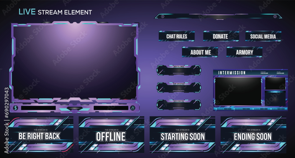 Purple and noen blue Gradient Live Stream Gaming Element Design pack ...
