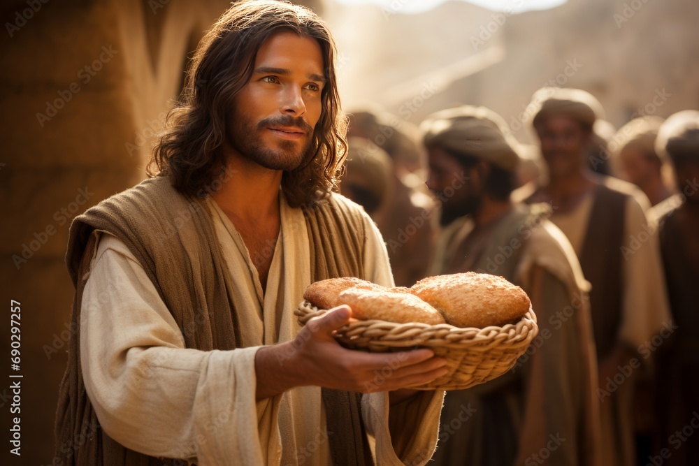 Jesus Christ passing out bread to the poor. Stock Photo | Adobe Stock