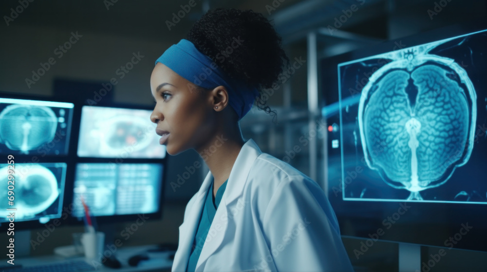 Black female neurologist analyzes brain MRI scans on a screen ...