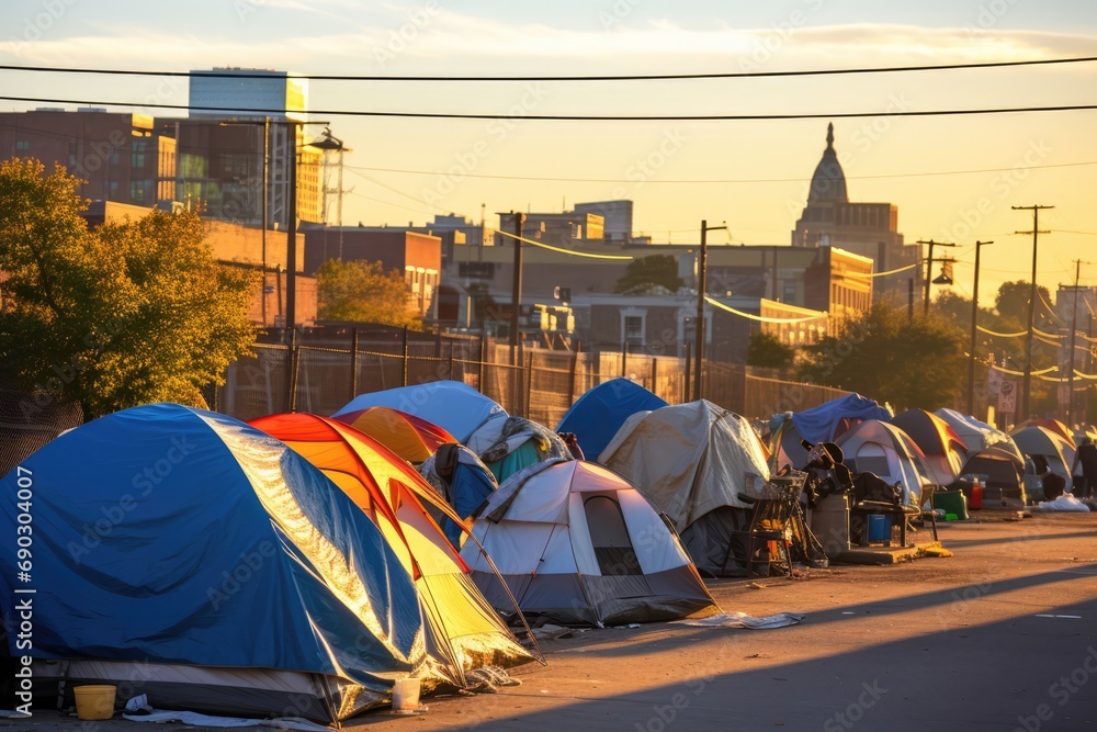 Homeless Community Survives In Tents Amidst Cityscape. Сoncept Urban ...