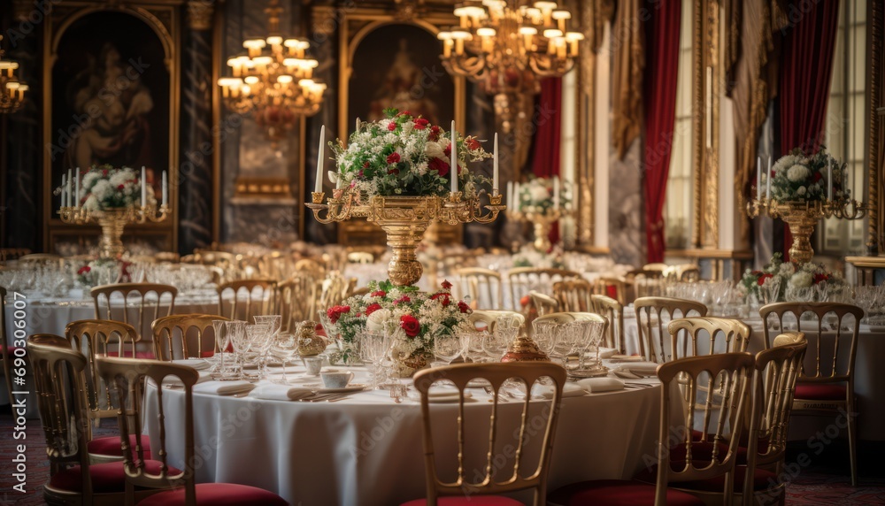 Banquet Room Setup with Tables, Chairs, and Chandeliers Stock Photo ...