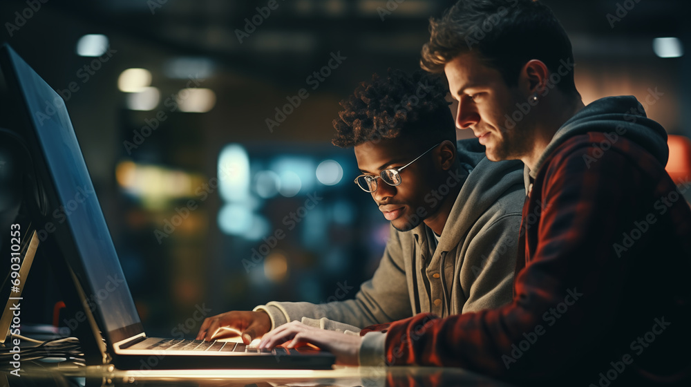 Two men with Autism working on computer in an office. Concept of ...