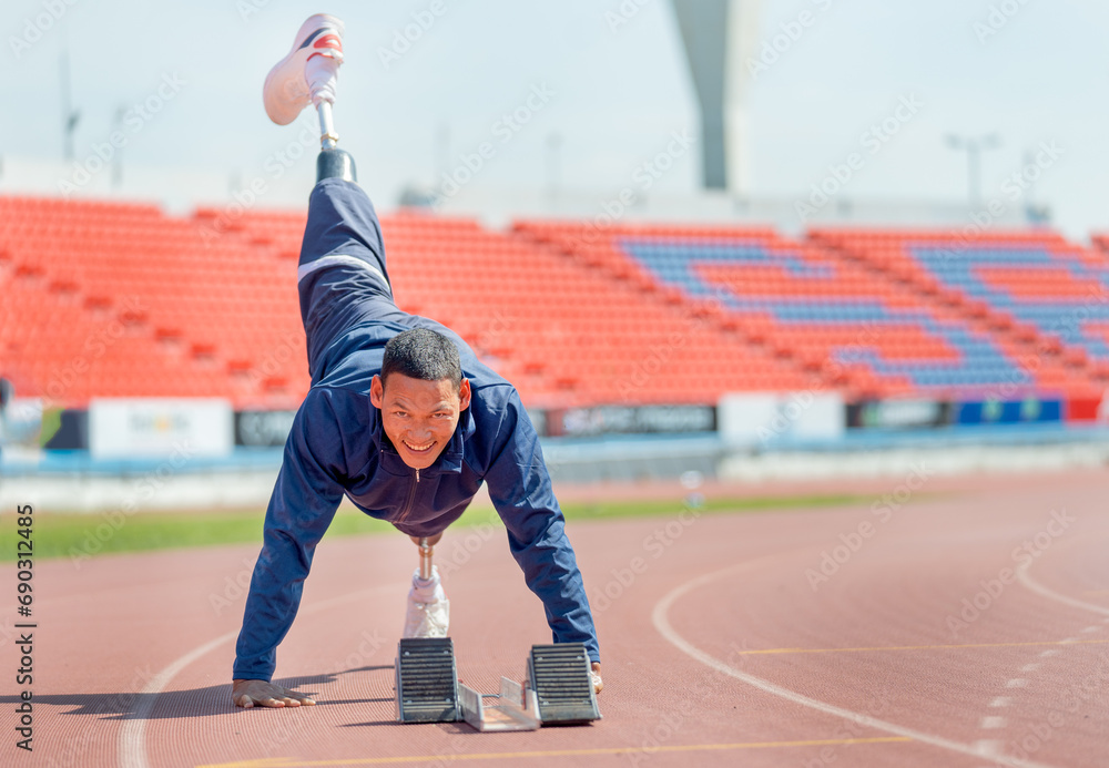 Sport man athlete with a prosthesis on his leg lie down and action of ...