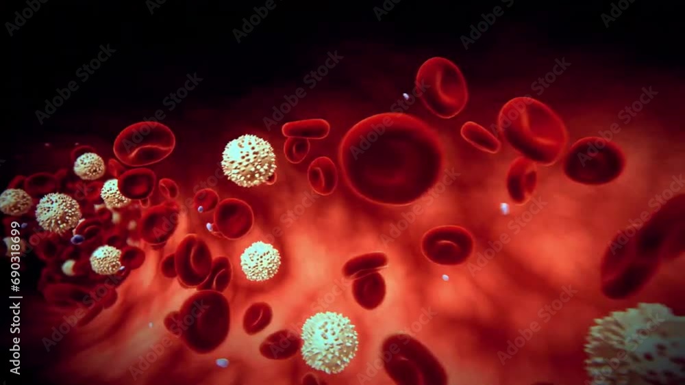 Microscopic red blood cells flowing and moving, Animation of red blood ...