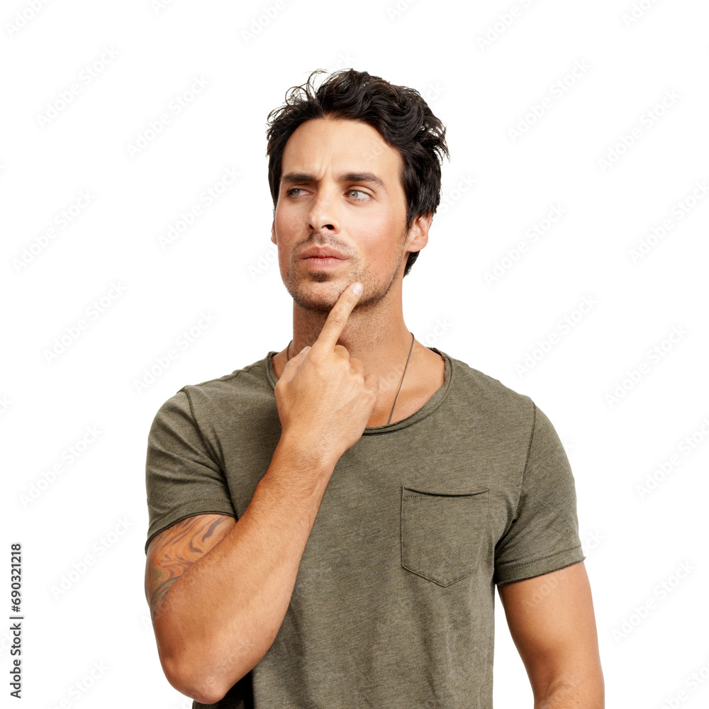 Thinking, question and young man in a studio for choice, decision or ...