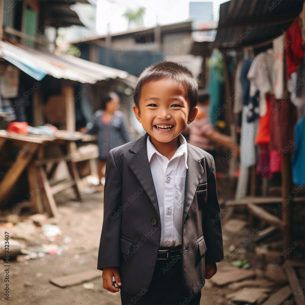 cheerful asian student from a poor area in his best suit goes to school ...