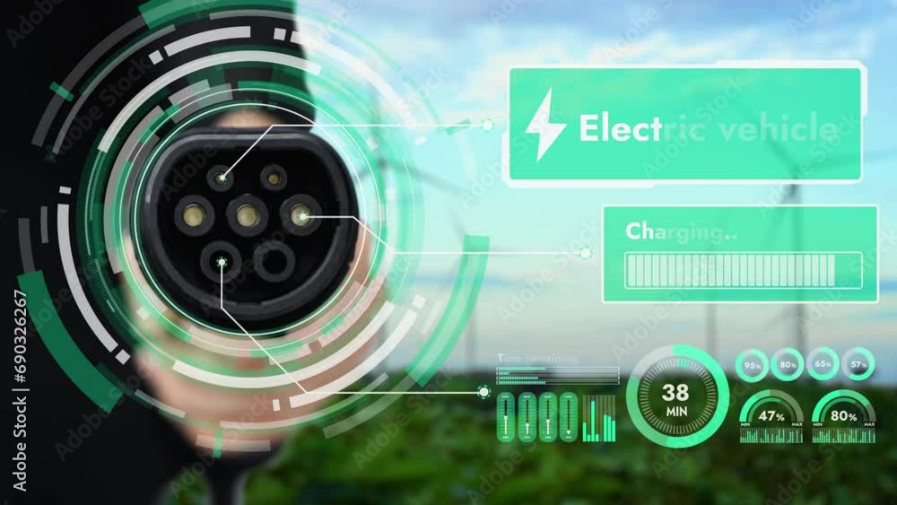 Focus EV charger pointing in front of camera display futuristic smart ...