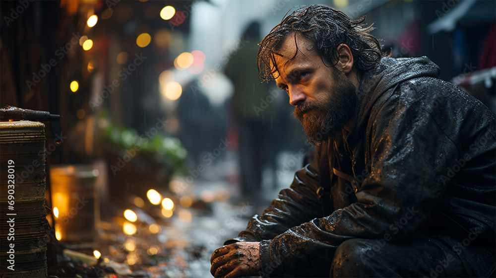 portrait of a bearded lonely homeless man on a rainy day on the street ...