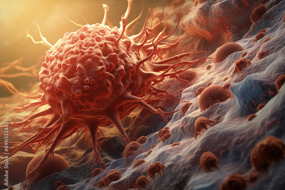 A medical illustration or graphic depicting cancerous cells invading ...